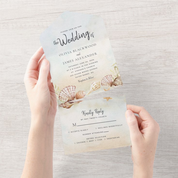 Tropical Beach Shells Destination Wedding All In One Invitation | Zazzle