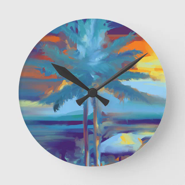 Tropical beach summer sunset, palm tree abstract round clock | Zazzle
