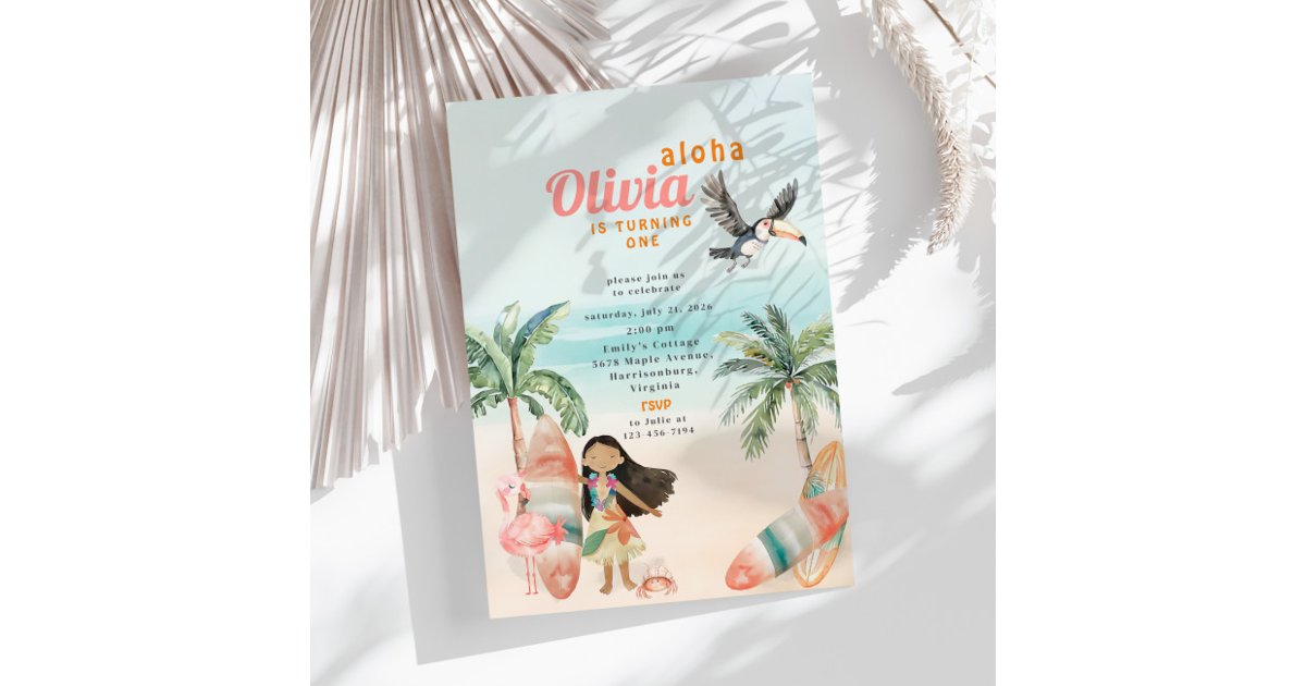 Tropical Beach Summer Surf Sea 1st Birthday Girl Invitation | Zazzle