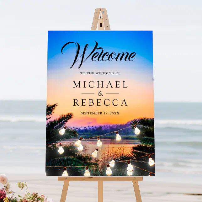 Tropical Beach Sunset Lights Wedding Welcome Sign | Zazzle