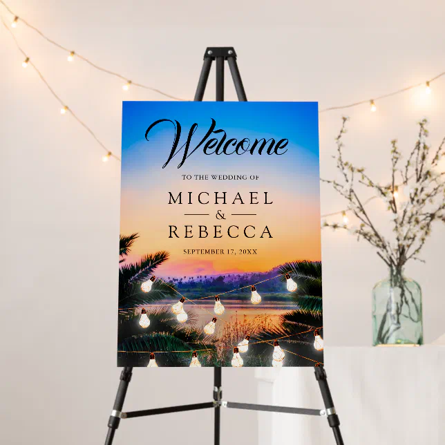 Tropical Beach Sunset Lights Wedding Welcome Sign | Zazzle