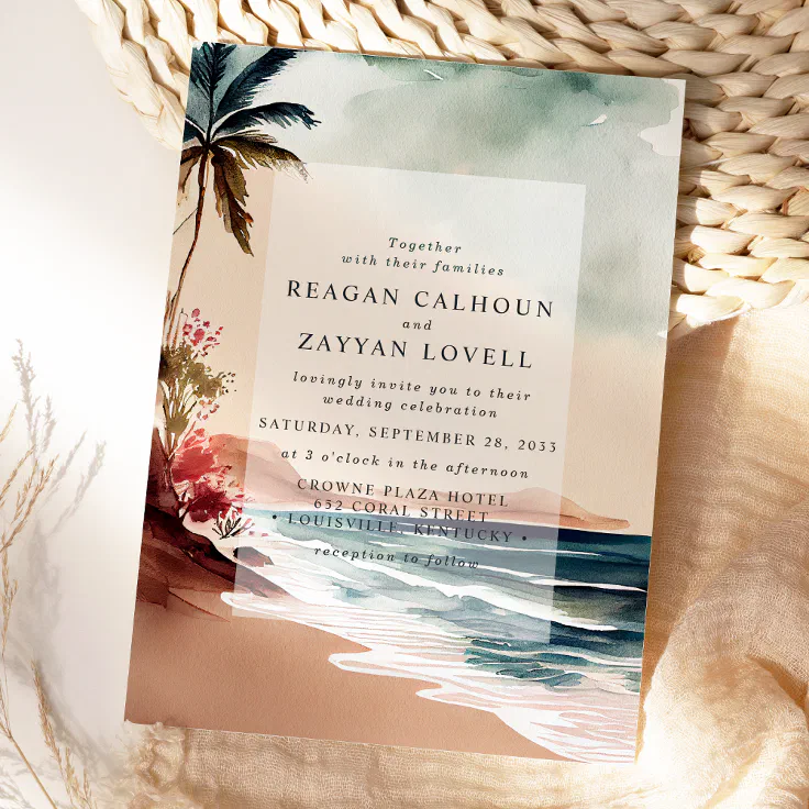 Tropical Beach Sunset Palm Tree Wedding Invitation | Zazzle