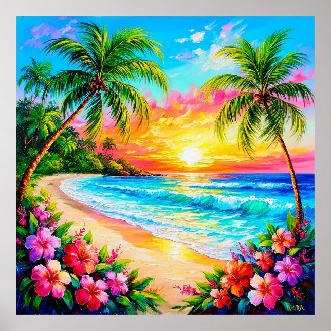 Tropical Beach Sunset with Palm Trees Poster | Zazzle