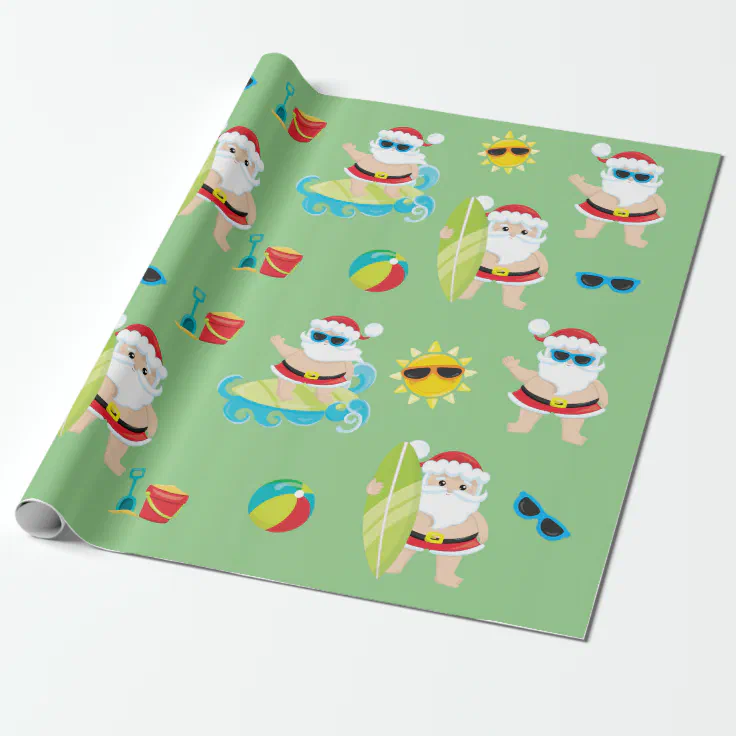 Tropical Beach Surfing Santa Cute Christmas Wrapping Paper | Zazzle