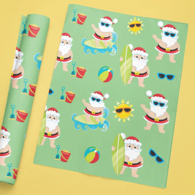 Tropical Beach Surfing Santa Cute Christmas Wrapping Paper | Zazzle