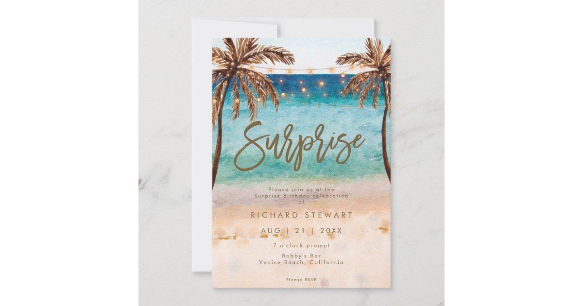 tropical beach surprise birthday party invitation | Zazzle