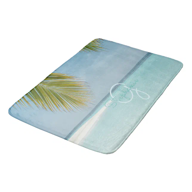 Tropical Beach Turquoise Monogram Chic Palm Tree Bath Mat | Zazzle