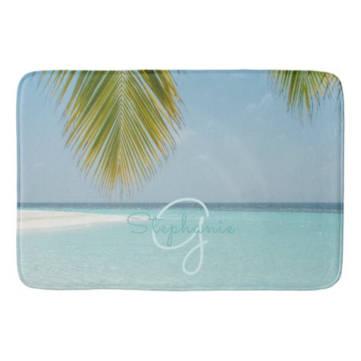 Tropical Beach Turquoise Monogram Chic Palm Tree Bath Mat | Zazzle