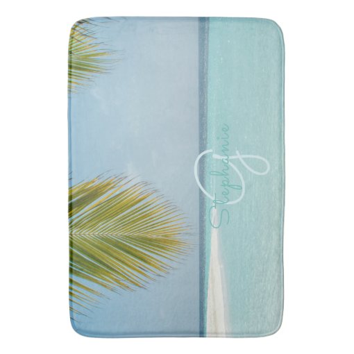 Tropical Beach Turquoise Monogram Chic Palm Tree Bath Mat | Zazzle