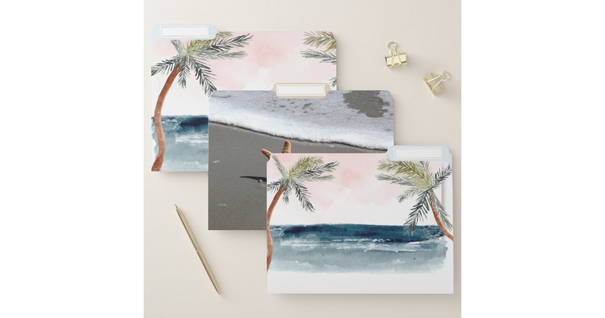 Tropical Beach,Watercolor Palms,Seashells File Folder | Zazzle
