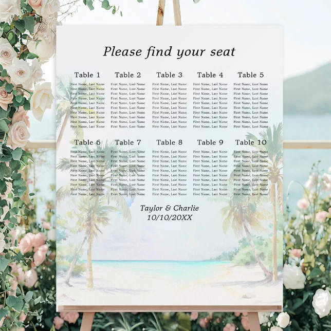 Tropical Beach Wedding 10 Tables Seating Chart Foam Board | Zazzle