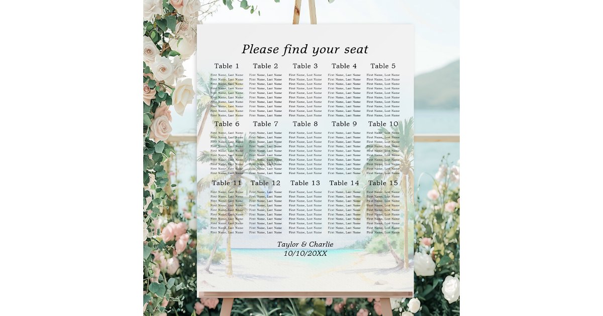 Tropical Beach Wedding 15 Tables Seating Chart Foam Board | Zazzle
