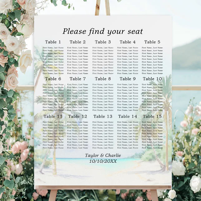 Tropical Beach Wedding 15 Tables Seating Chart Foam Board | Zazzle