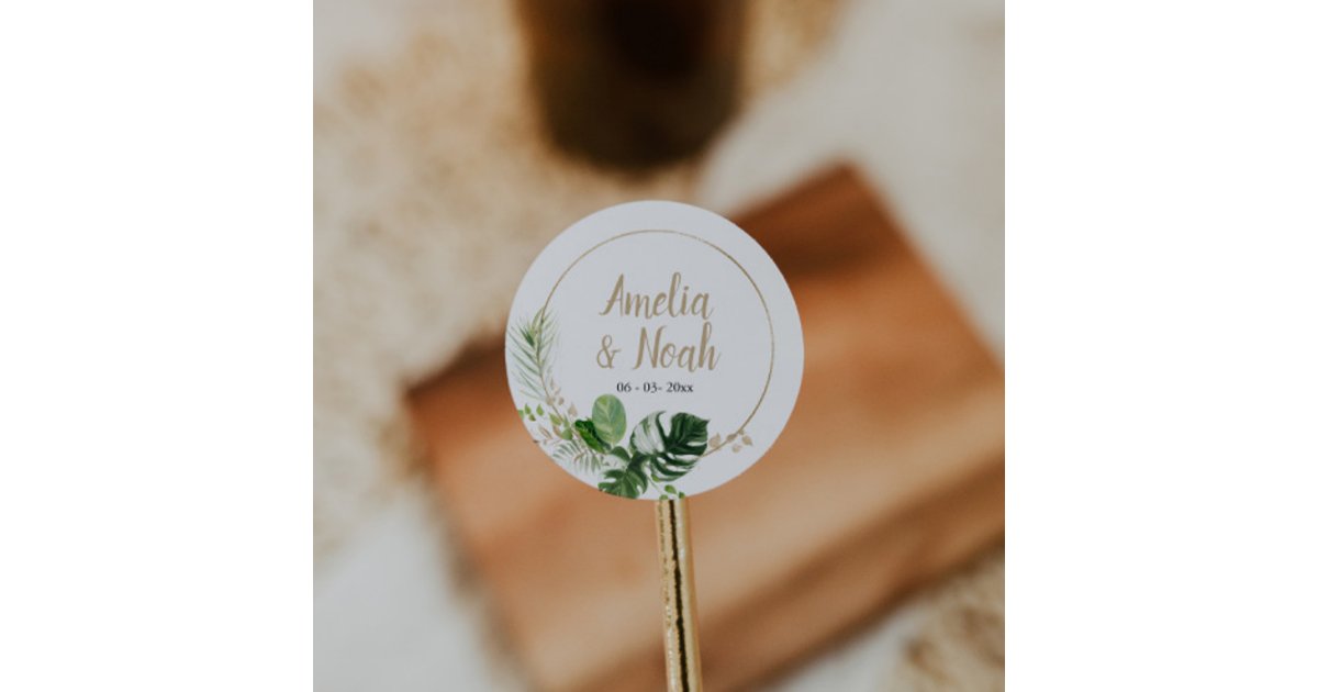 Tropical Beach Wedding Favor Sticker | Zazzle