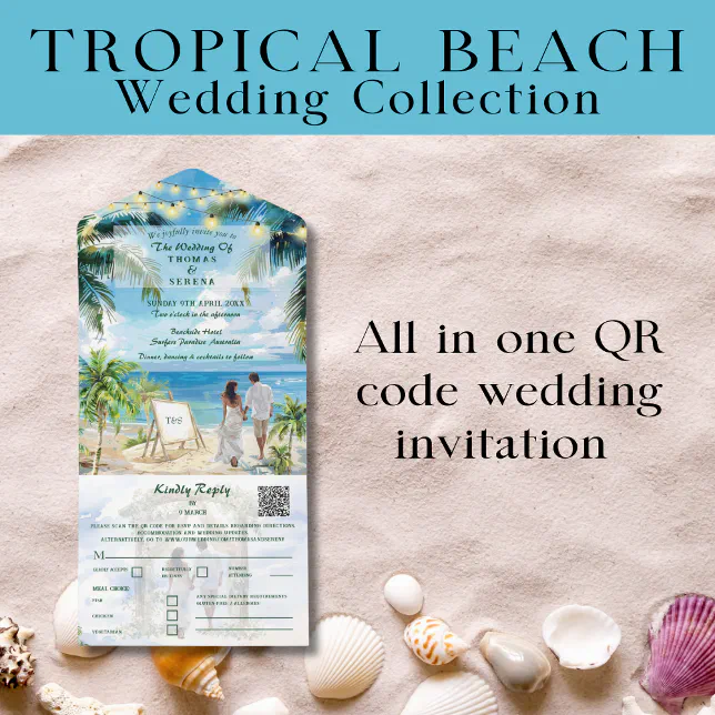 Tropical Beach Wedding QR Code Aqua All In One Invitation | Zazzle