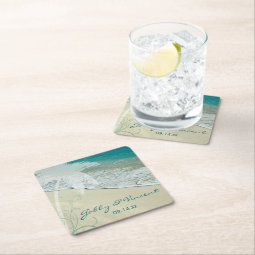 Tropical Beach Wedding Square Paper Coaster | Zazzle