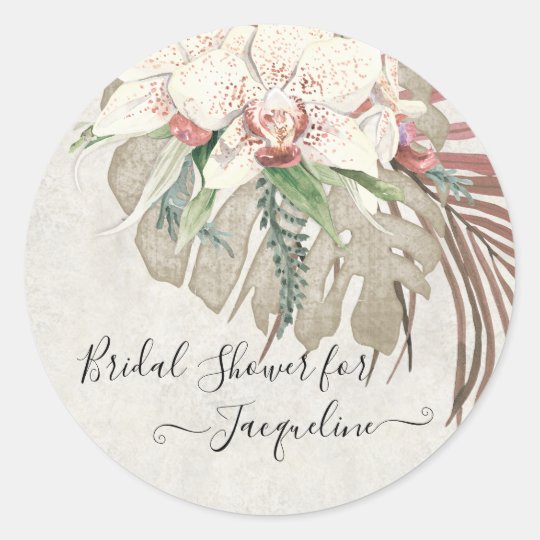 Tropical Beach White Pink Orchid Floral Foliage Classic Round Sticker ...