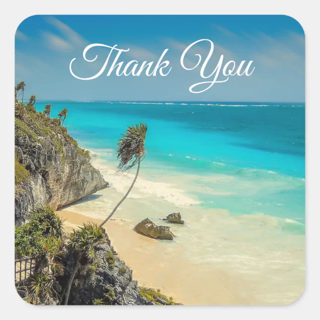 Tropical Beach Wind Swept Palm Trees Thank You Square Sticker | Zazzle