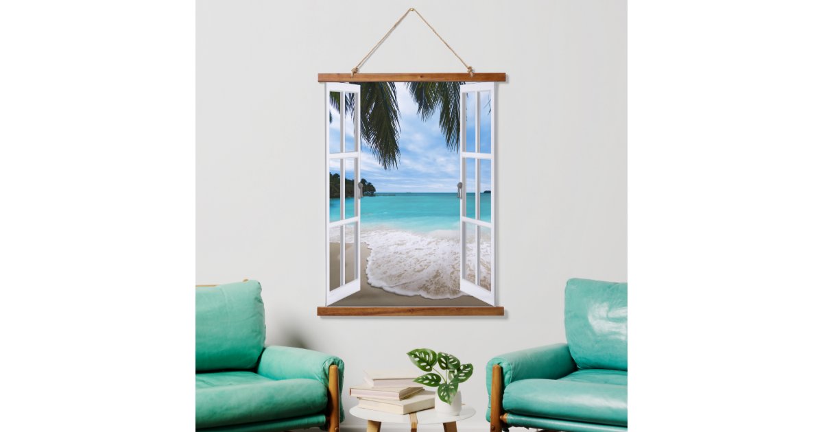 Tropical Beach Window Ocean View Wall Tapestry | Zazzle