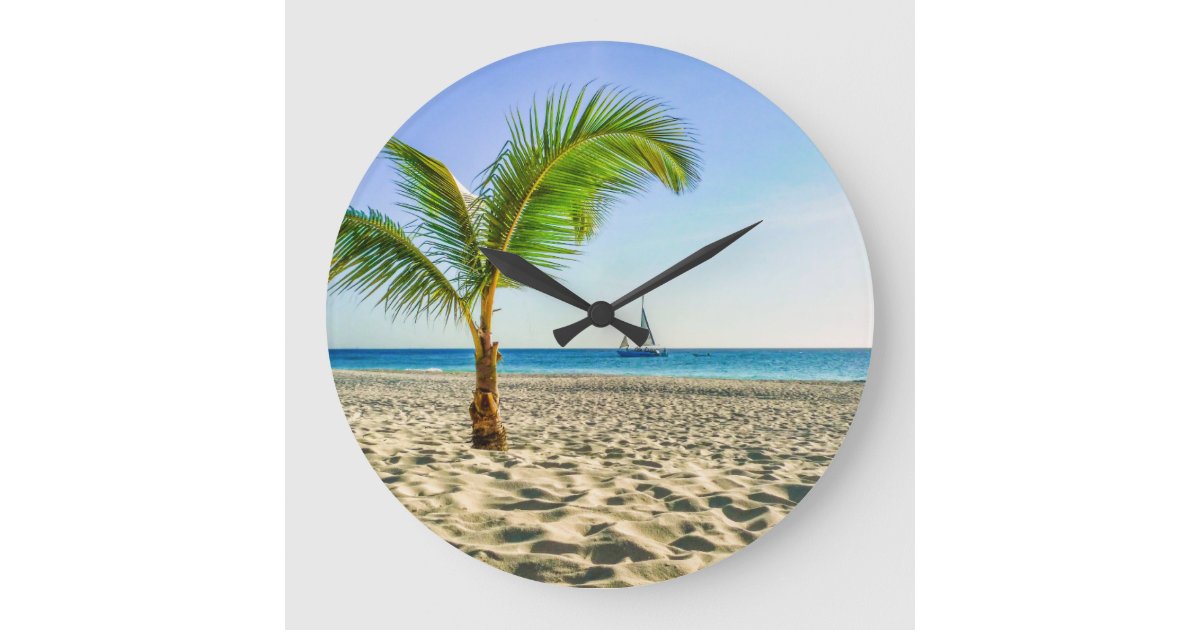 Tropical Beaches | Sailboat, Palm Tree, Aruba Large Clock | Zazzle