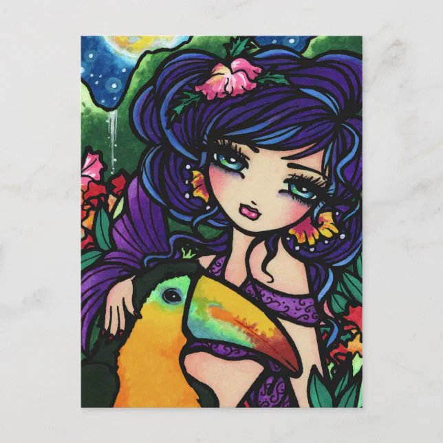 Tropical Bird Waterfall Mermaid Fantasy Art Girl Postcard | Zazzle