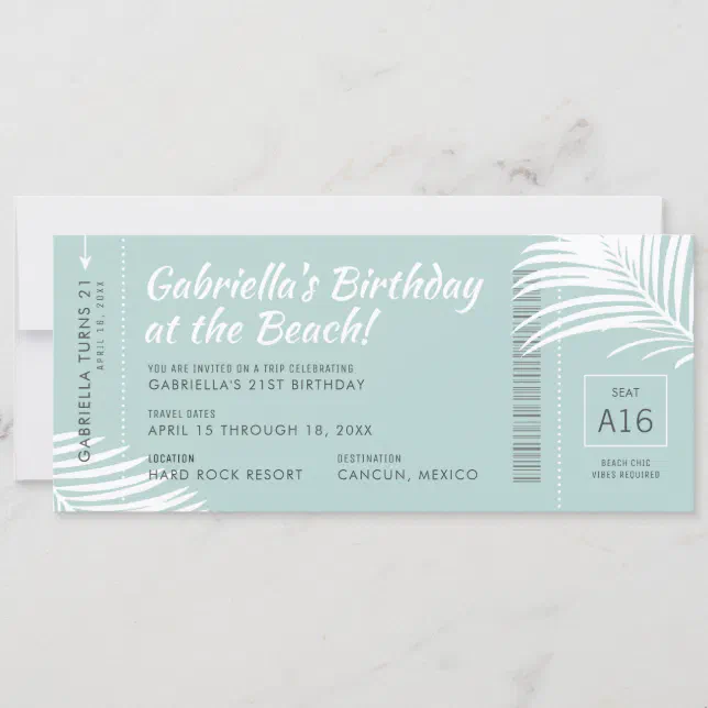 Tropical Birthday Trip Boarding Pass Ticket Teal Invitation | Zazzle