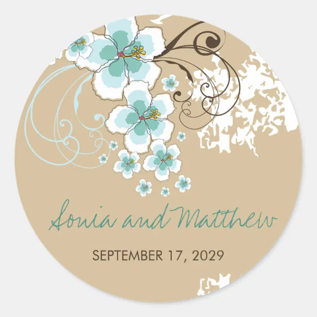 Tropical Blue Hibiscus Beach Wedding Favor Sticker | Zazzle