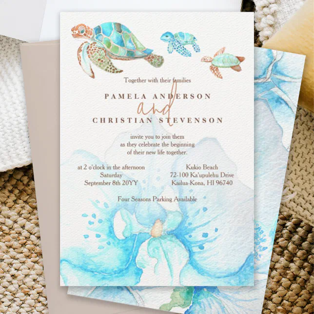 Tropical Blue Orchid & Sea Turtles Wedding Invitation | Zazzle