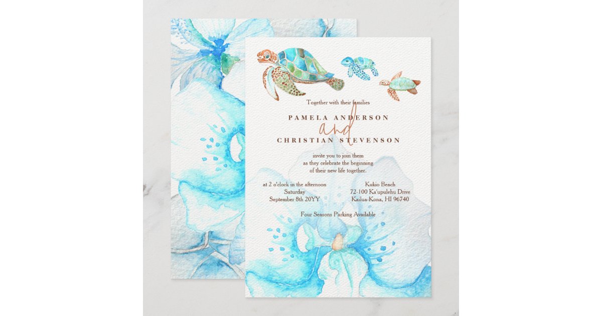 Tropical Blue Orchid & Sea Turtles Wedding Invitation | Zazzle