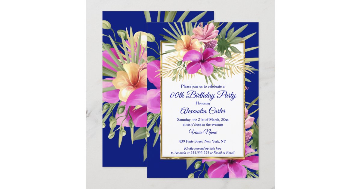 Tropical Blue Purple Pink Hibiscus Floral Party Invitation | Zazzle