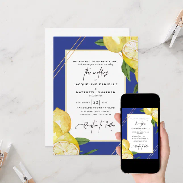 Tropical Blue &Watercolor Lemon Wedding Invitation | Zazzle