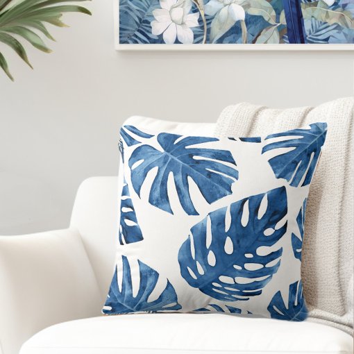 Tropical Blue White Palm Leaves Throw Pillow | Zazzle