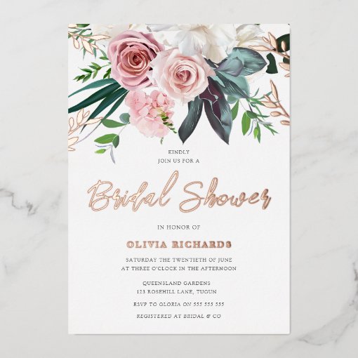Tropical Blush Pink Roses Bridal Shower Rose Gold Foil Invitation | Zazzle