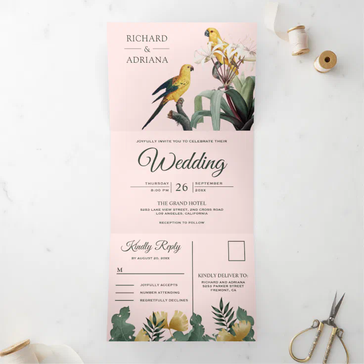 Tropical Blush Pink Yellow Parrot Couple Wedding Tri-Fold Invitation ...
