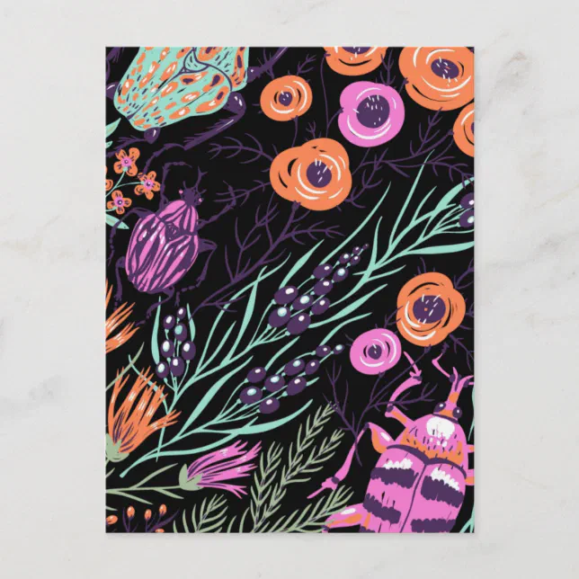 Tropical Botanical and Bugs Colorful Abstract Art Postcard | Zazzle