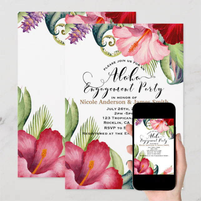 Tropical Botanical Floral Aloha Engagement Party Invitation | Zazzle