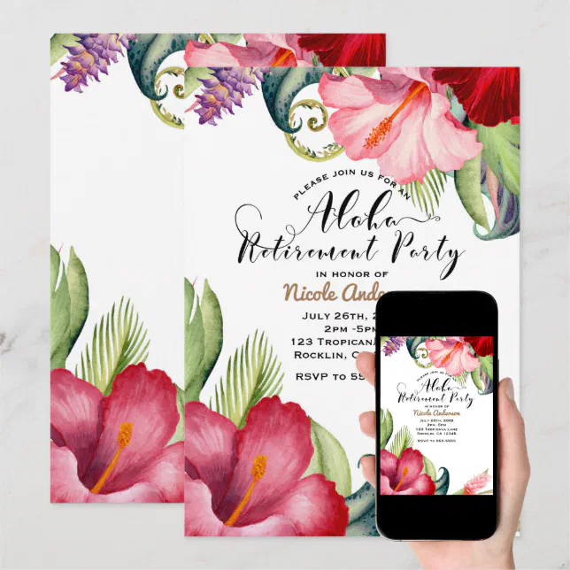 Tropical Botanical Floral Aloha Retirement Party Invitation | Zazzle