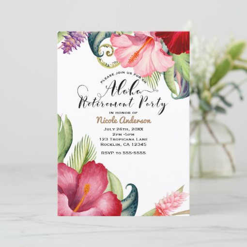 Tropical Botanical Floral Aloha Retirement Party Invitation | Zazzle