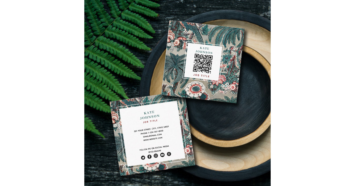 Tropical Botanical QR Code Social Media Icons Square Business Card | Zazzle