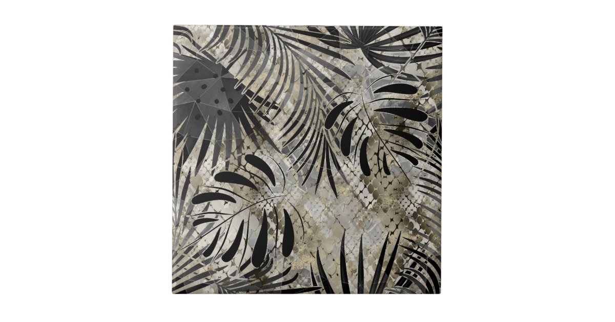 Tropical, Botanical, snake skin, leaves , palm, Ceramic Tile | Zazzle