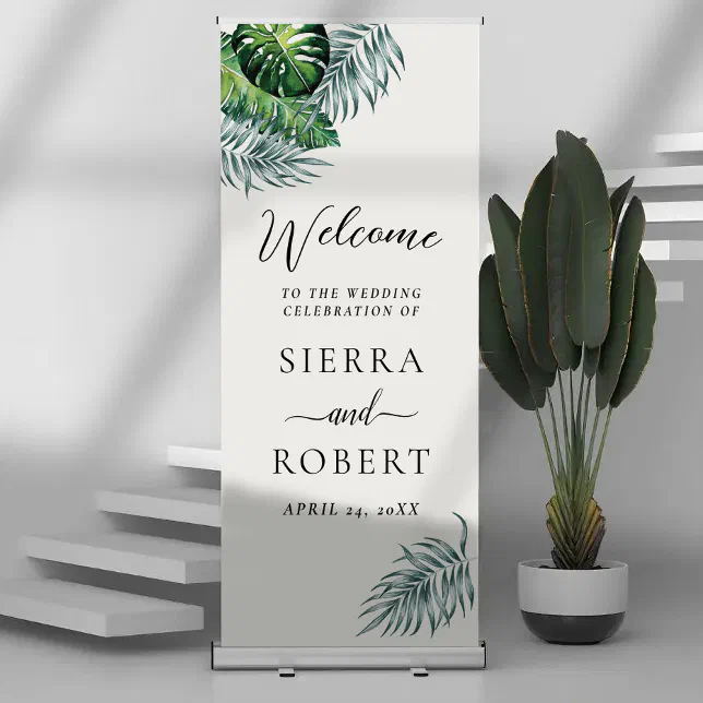 Tropical Calligraphy Wedding Welcome Retractable Banner | Zazzle