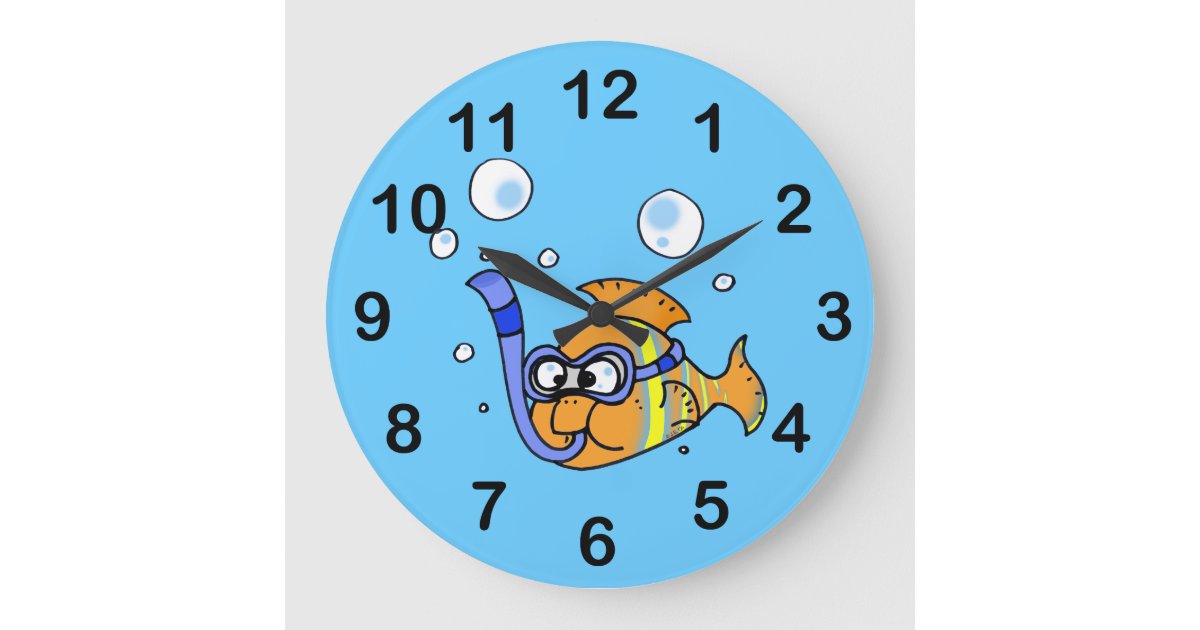 tropical cartoon fish large clock | Zazzle