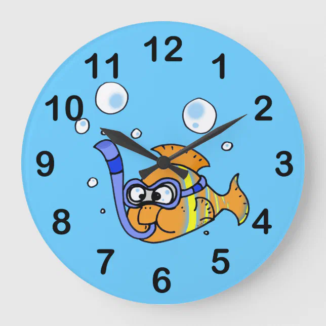 tropical cartoon fish large clock | Zazzle
