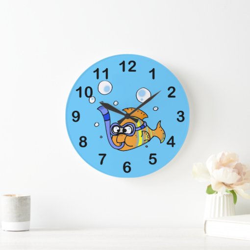 tropical cartoon fish large clock | Zazzle