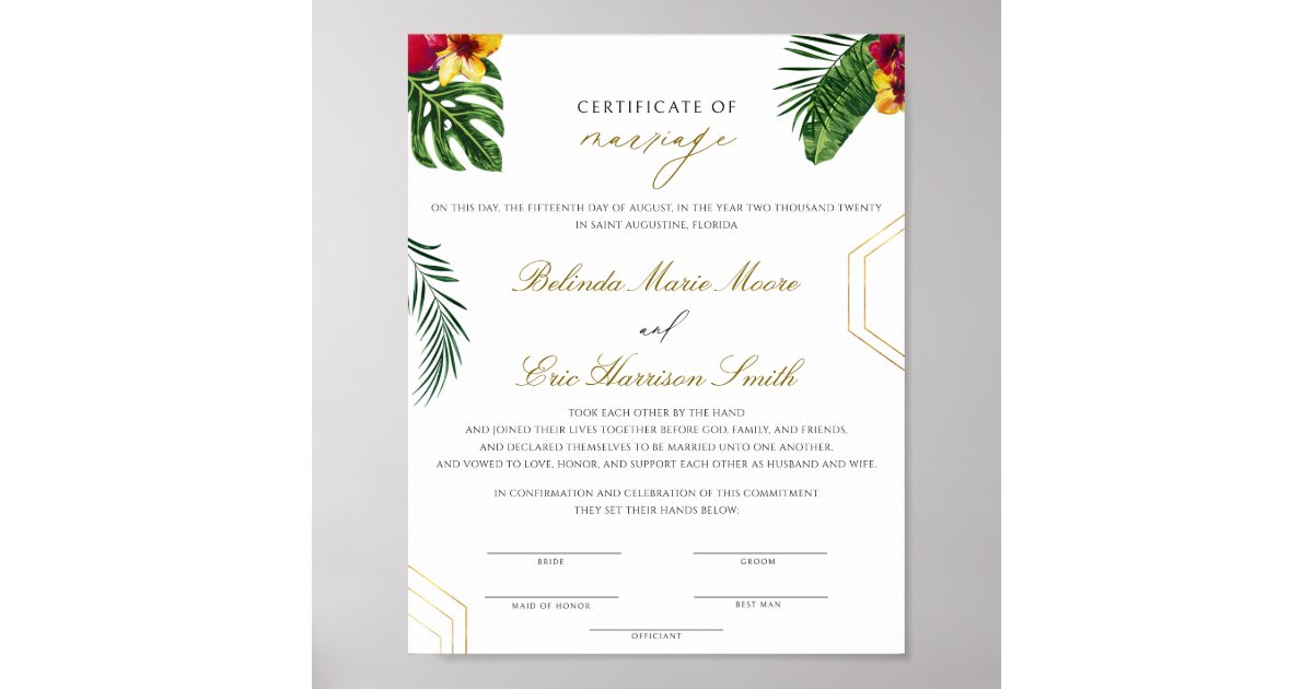 Tropical Certificate Of Marriage Poster | Zazzle