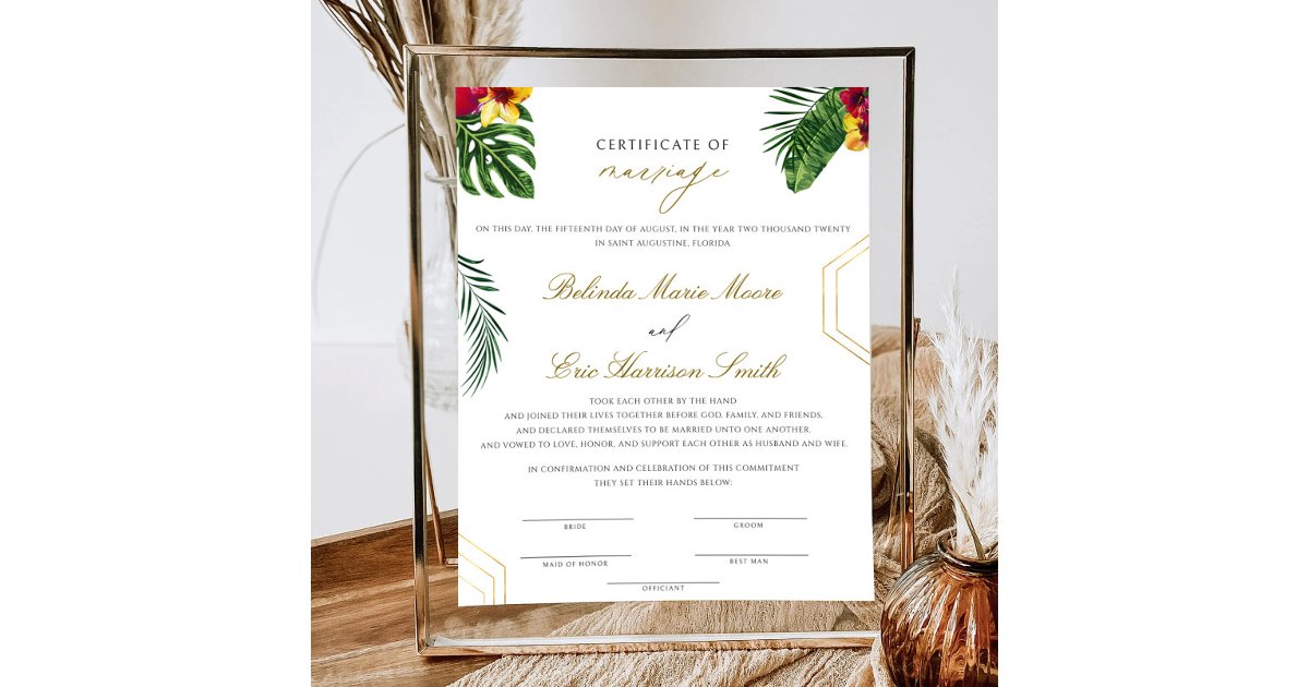 Tropical Certificate Of Marriage Poster | Zazzle