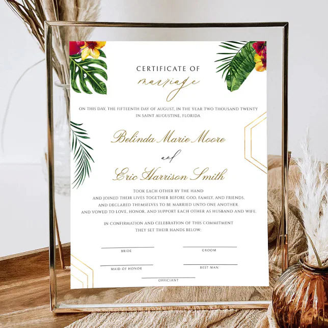 Tropical Certificate Of Marriage Poster | Zazzle