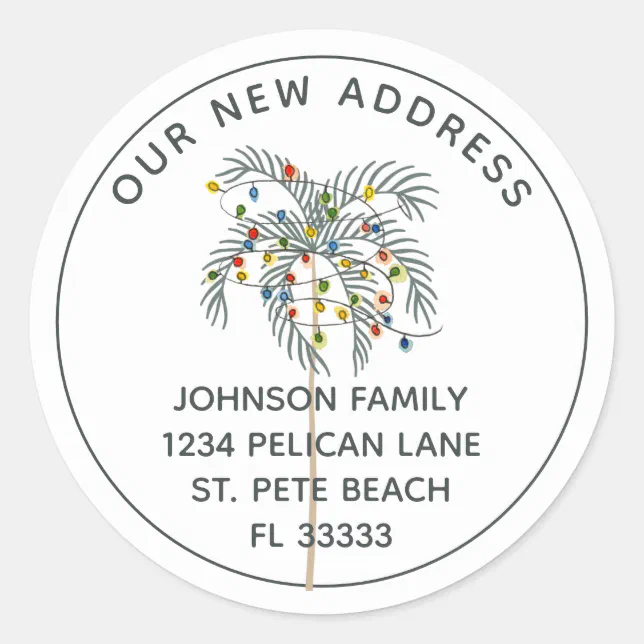 Tropical Christmas Palm Tree New Address Classic Round Sticker | Zazzle