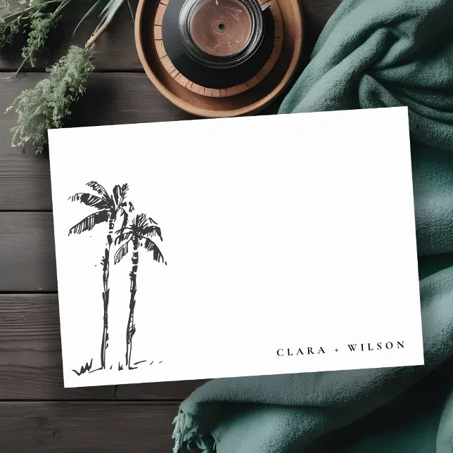 Tropical Coastal Palm Tree Sketch Wedding Note Card | Zazzle