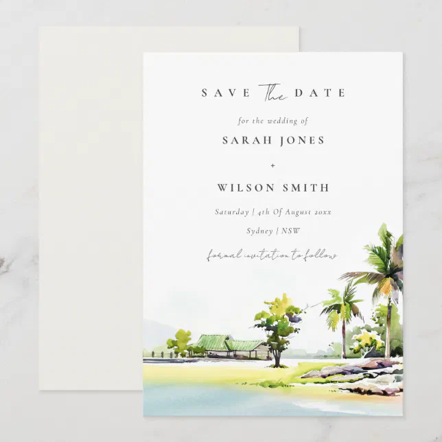 Tropical Coastal Palm Trees Save The Date Card | Zazzle